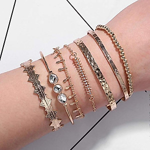 Sakytal Boho Gold Cuff Bangles Bracelets Layered Stackable Bracelet Set Rhinestone Open Cuff Bracelet for Women(7Pcs)