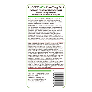HOPE'S 100% Pure Tung Oil, Food Safe, Premium Waterproof Natural Wood Finish and Sealer for Indoor and Outdoor Projects,16 Fl Oz, 1 Pack