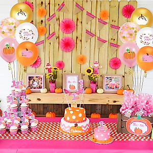 Little Pumpkin Party Balloons, Fall Maple Leaf Pumpkin Balloons with Pink Gold Orange Confetti Balloons Garland for Fall Birthday Little Pumpkin Baby Shower Wedding Thanksgiving Party Decorations