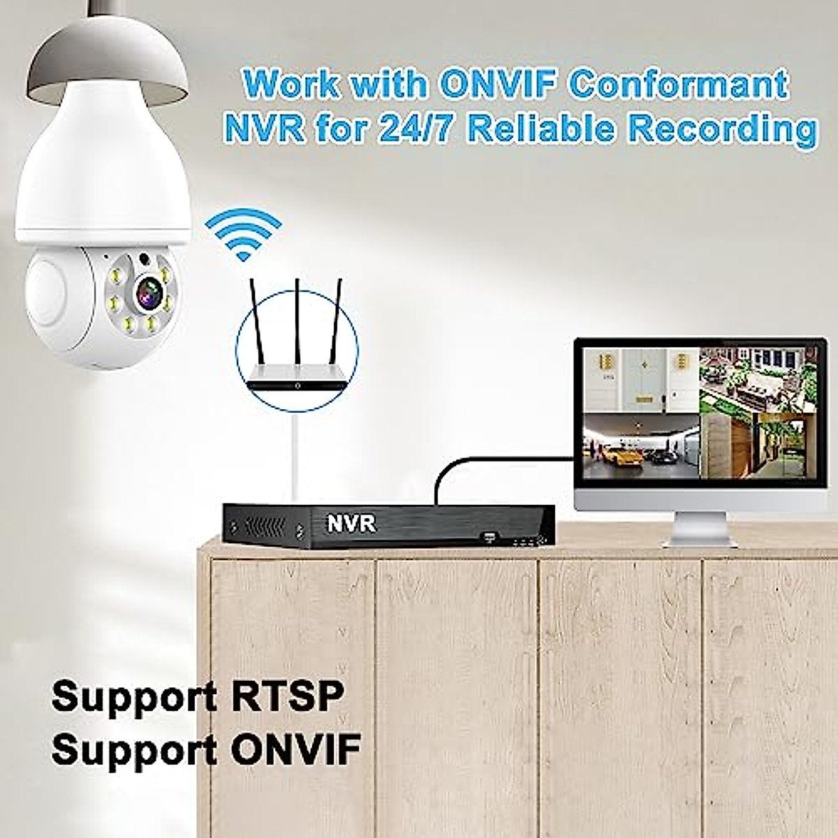 2K HD Light-Bulb Security Camera, Wireless 2.4G&5Ghz Wifi, Work With NVR & 3rd Party Software, RTSP Stream, Work With Alexa, 360° View, Auto Tracking, 2 Way Audio, Motion Detection, Remote View