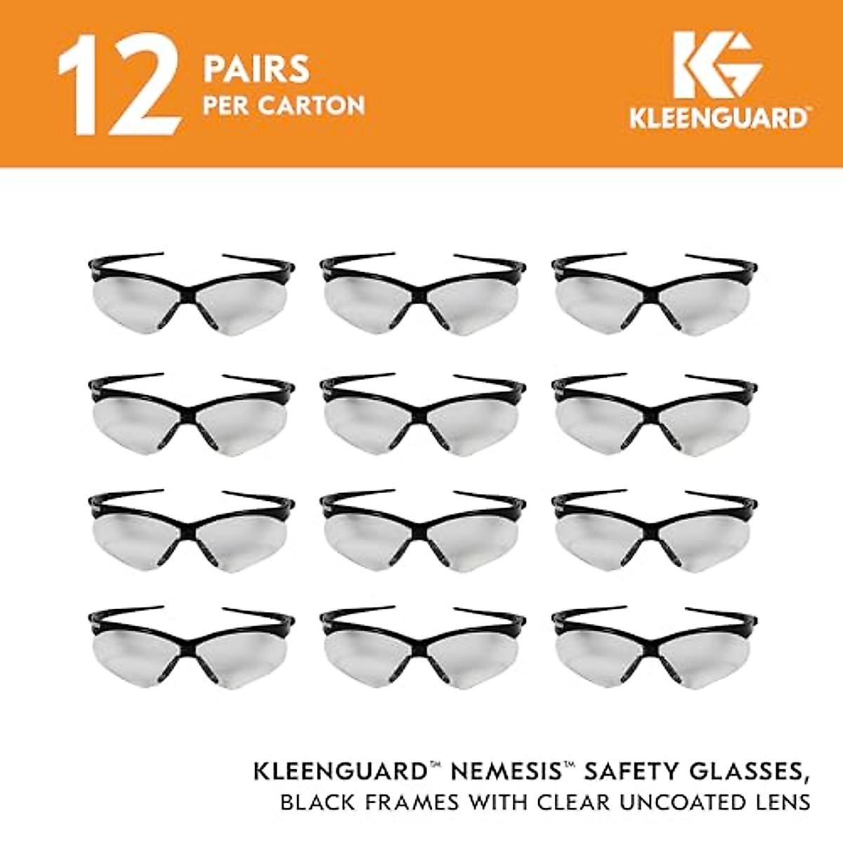 KleenGuard™ V30 Nemesis™ Safety Glasses (25676), Clear Lenses, Black Frame, Unisex for Men and Women (Qty 12)