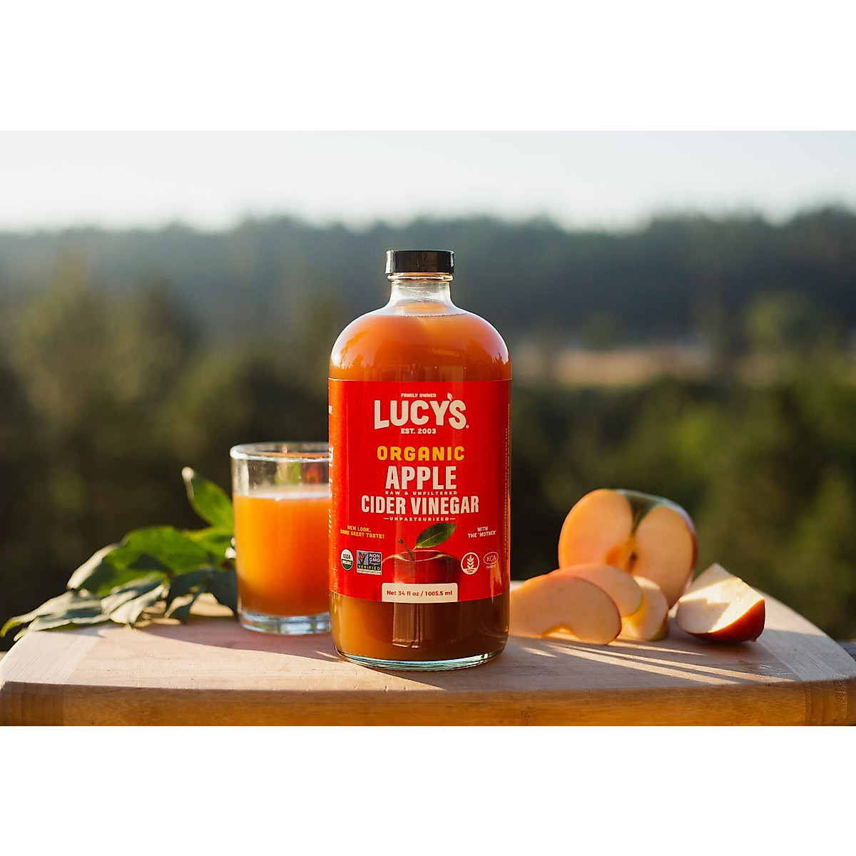 Lucy's Family Owned - USDA Organic NonGMO Raw Apple Cider Vinegar, Unfiltered, Unpasteurized, With the Mother, 34oz Glass Bottle (2 Pack)