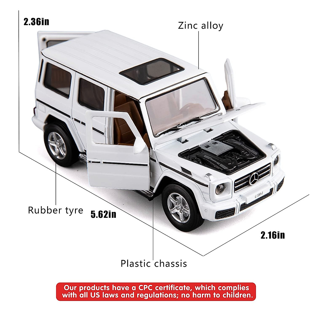 Diecast Model Cars Toy Cars, Benz G350 AMG 1:32 Scale Alloy Pull Back Toy Car with Sound and Light Toy for Girls and Boys Kids Toys (White)