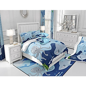 Shark and Whale Fitted Sheet,Full Size Cartoon Sea Animal Collections Octopus Turtle Theme,Soft Decorative Fabric Bedding Deep Pocket for Children Teens Young Boys Girls,with 2 Pillowcases