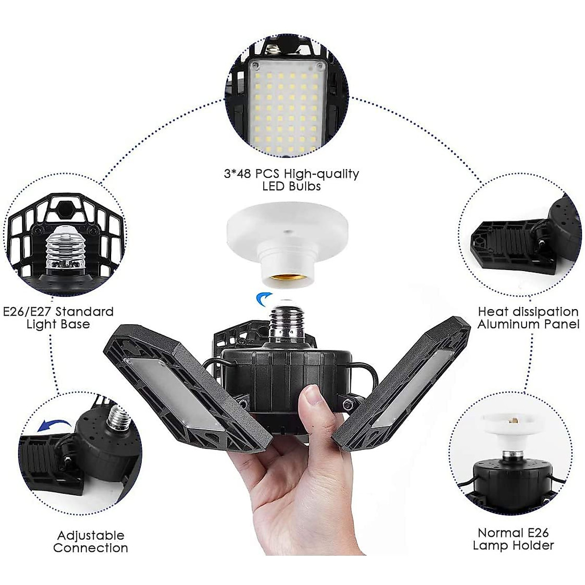 LED Garage Light - 6000 Lumen 2800K Warm White 60W, Three Leaf Led Garage Ceiling Lights -1 Pack