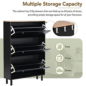 HEPMIMZHU Narrow Shoe Cabinet with 3 Flip Drawers, Wood Grain Pattern Top Entryway Organizer with 3 Hooks, Free Standing Shoe Rack with Adjustable Panel for Hallway (Black)