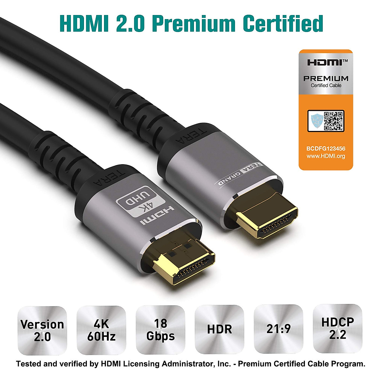 Tera Grand - Premium High Speed HDMI Certified 2.0 Cable with Aluminum housing, Supports 4K HDR Ultra HD 18 Gbps 4K 60Hz HDCP 2.2, 6 Feet