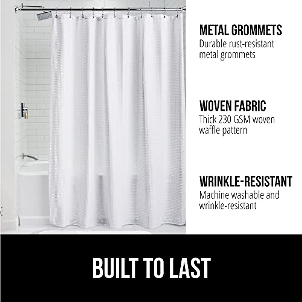 Gorilla Grip Waffle Shower Curtain, Thick Weighted Fabric, Wrinkle and Rust Resistant, Classic Hotel Quality Design, Heavy Duty Long Curtains for Bathroom Showers, Bath Tubs, Machine Wash, 72x72 White