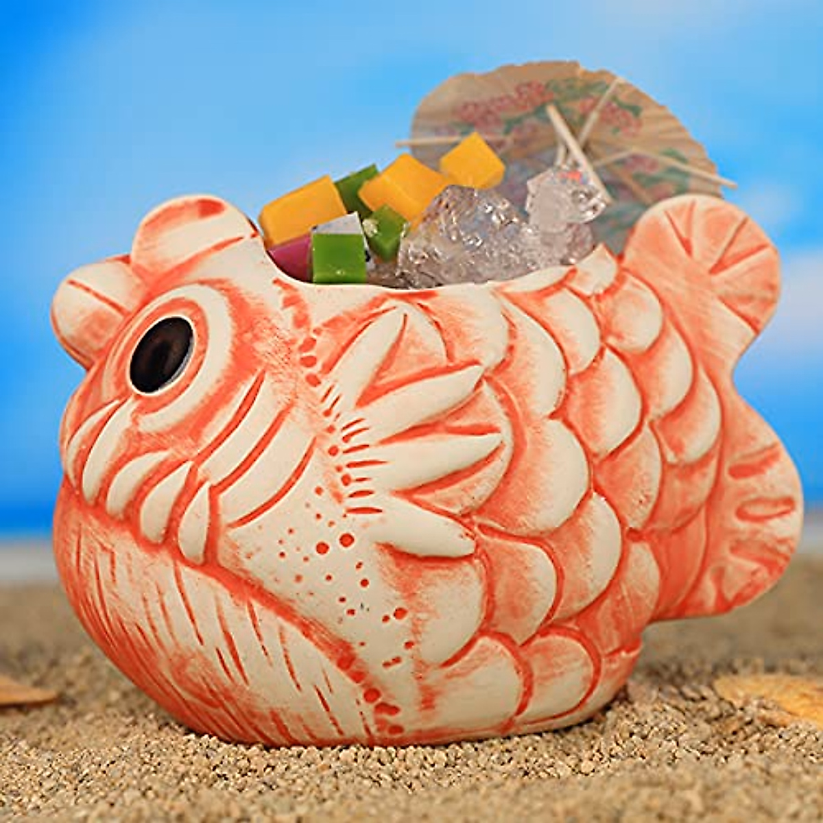 INFTYLE Tiki Mugs Fish Cocktail Tiki Cups 22oz/650ml Set of 2 Creative Red Tiki Glasses Tiki Bar Glasses Large Ceramic Hawaiian Themed Tropical Tiki barware for Party Barware