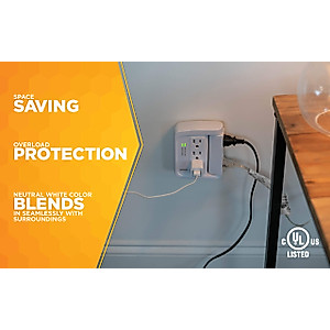 Woods 41423 Space-Saving Power Adapter Surge Protector with 6 Outlets in Which 90° for 1440J of Protection, White
