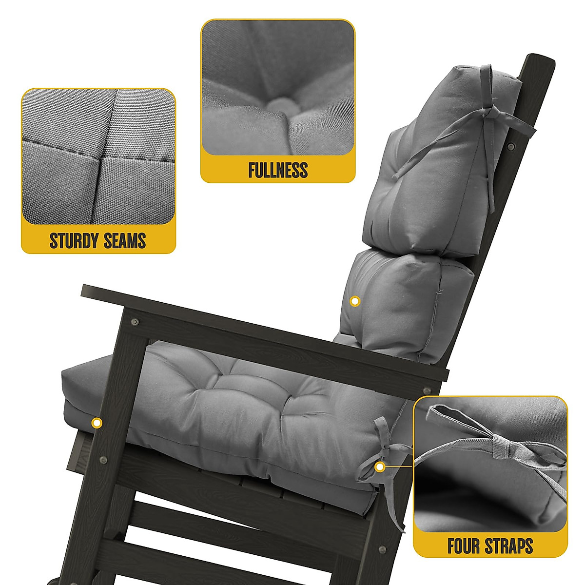 DANGHOOGY Outdoor Rocking Chair Cushion, Waterproof High Back Adirondack Chair Cushion with Ties, 44x21x4 Inches Patio Seat Cushion Replacement for Outdoor Furniture (1, Grey)