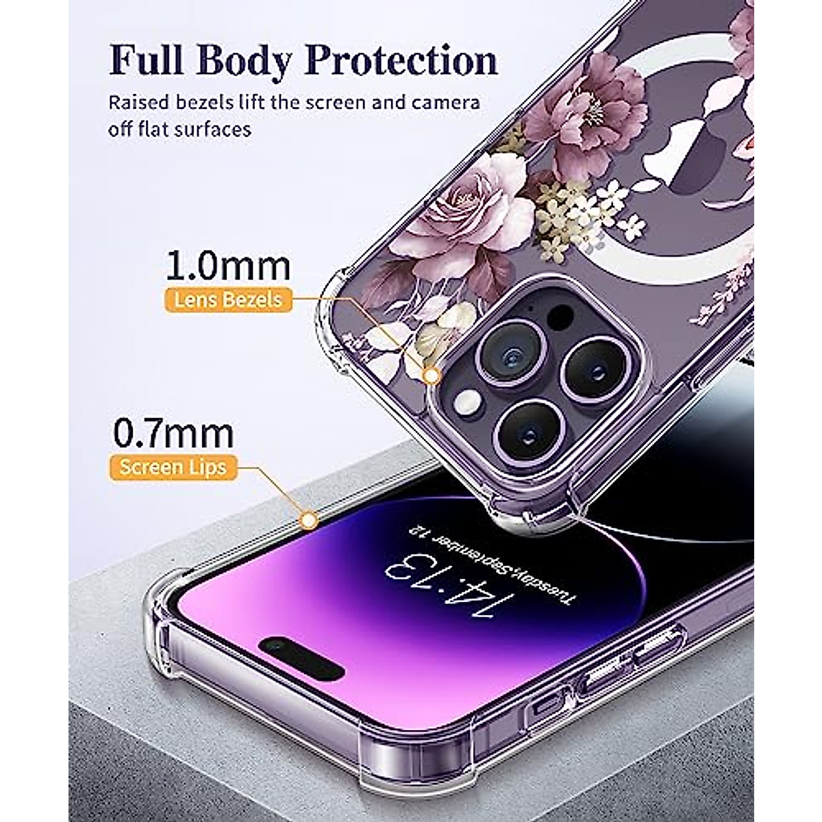 GVIEWIN for iPhone 14 ProMax Case Compatible with MagSafe, [Screen Protector + Camera Lens Protector] [MIL-Grade Protection] Magnetic Floral Clear Shockproof Women Phone Case for 14 Pro Max(Purple)