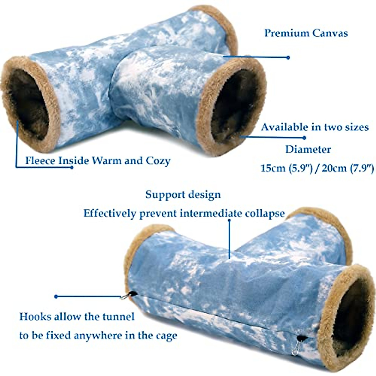 LeerKing Guinea Pig Tunnel 3 Way, Small Animal Hideout Toy Washable Canvas Fleece Tube Play Tunnel for Rats Ferret Bunny Gerbil Sugar Glider Chinchilla , Blue