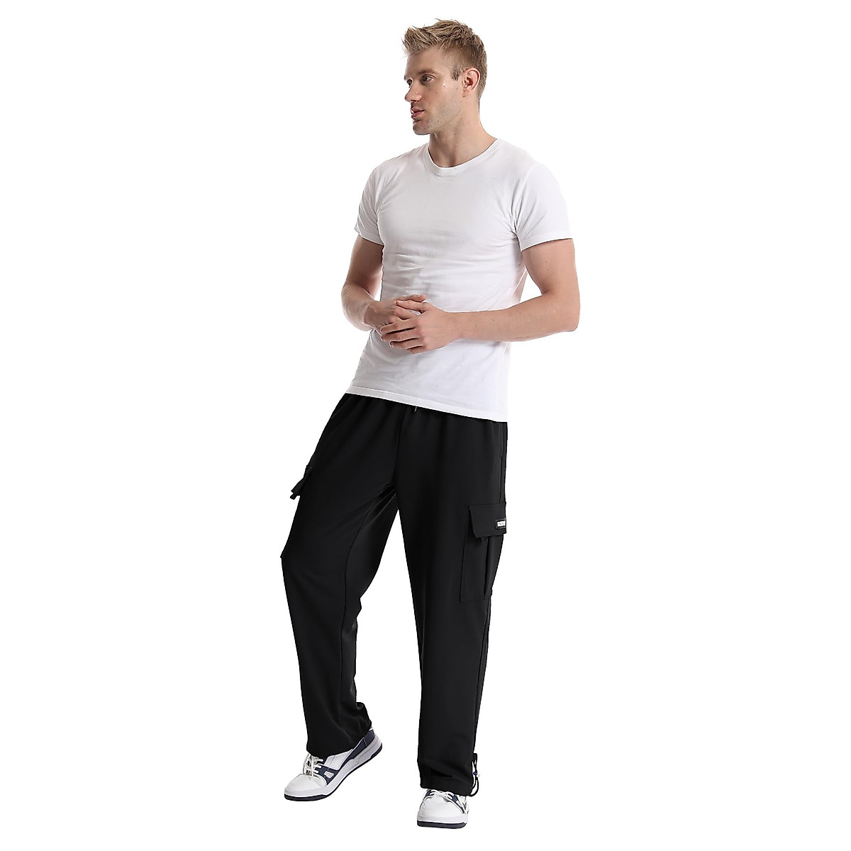 GYMBULLFIGHT Men's Cargo Sweatpants Loose Fit Pants Joggers for Men with Pockets, Open Bottom Drawstring Black