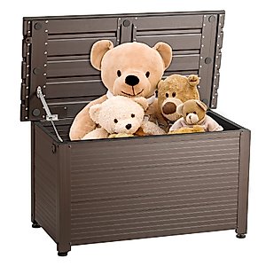 TECSPACE 221 Lbs Bearing Capacity Aluminum Deck Box, 2-Tier Lock Outdoor Storage Box, Surface Sun Protection Coating With Flip-Top Air Pump for Silent Opening & Adjustable Feet