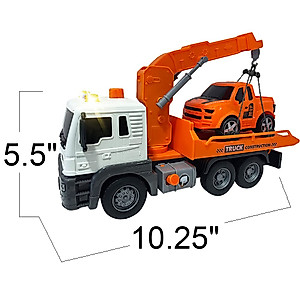 ArtCreativity Light Up Tow Truck Toy, Scale Model Tow Truck with Movable Flat Bed, Lights, Sound, and Small Car Toy for Kids, Interactive Tow Truck Toys for Boys and Girls, for Ages 3 and Up