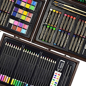Sunnyglade 145 Piece Deluxe Art Set, Wooden Art Box & Drawing Kit with Crayons, Oil Pastels, Colored Pencils, Watercolor Cakes, Sketch Pencils, Paint Brush, Sharpener, Eraser, Color Chart (Cherry)
