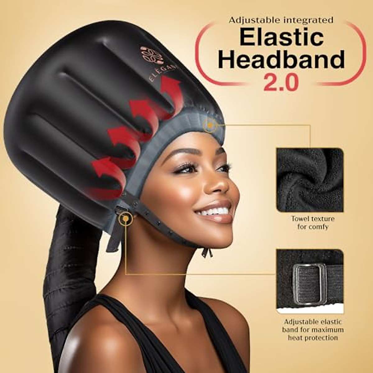 Eleganty Bonnet Hairdryer Attachment with Integrated Elastic Headband That Reduces Heat Around Ears & Neck - Hooded Hair Dryer Diffuser Cap, Used for Deep Conditioning and Hair drying (shiny black)