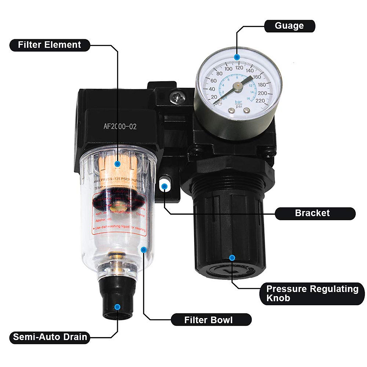 Beduan Semi-Auto Drain Pneumatic Air Filter Pressure Regulator 1/4 Inch NPT dryer compressor kit with Gauge