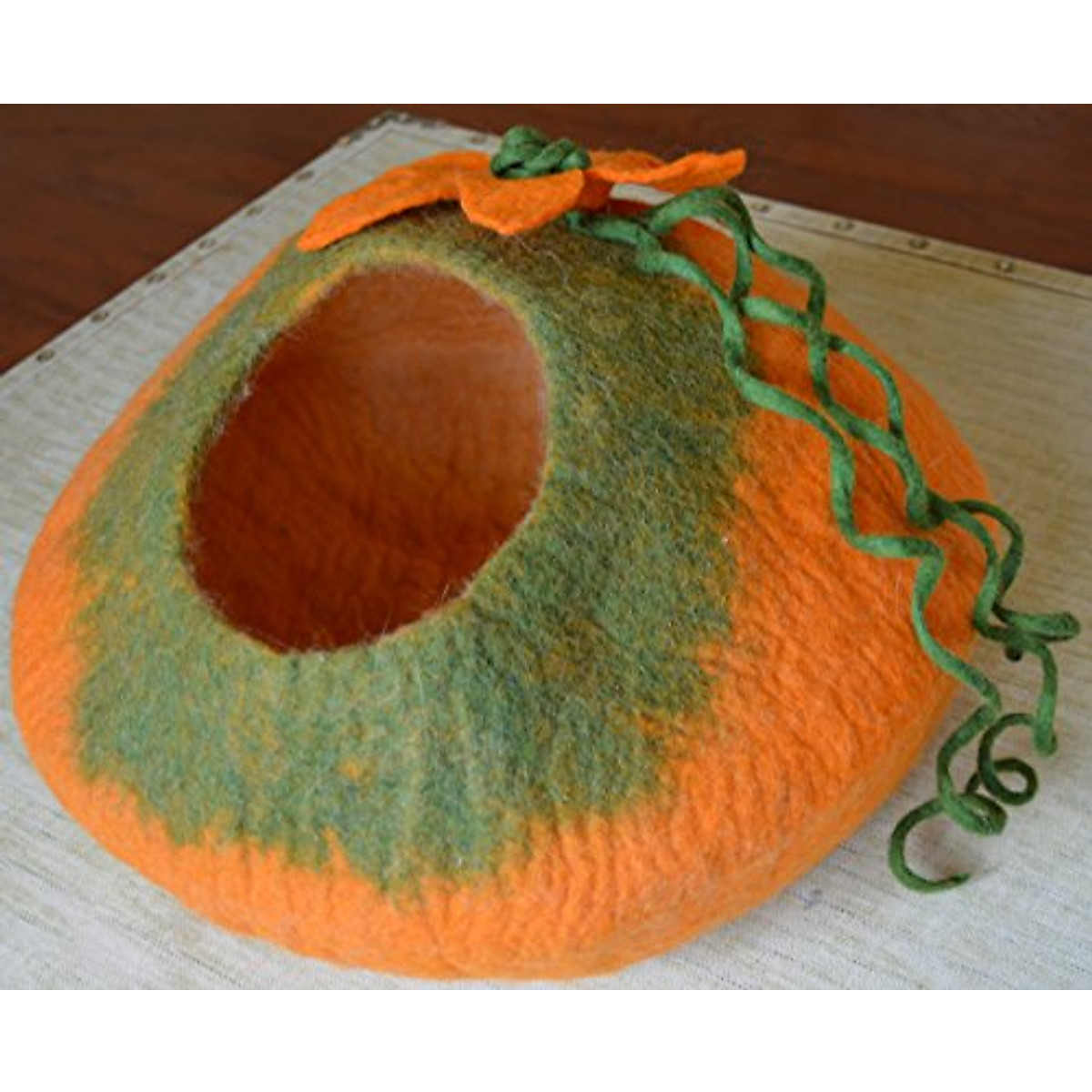 Cat Cave Bed, Orange Green Handmade Felted Merino Wool, Large Covered and Cozy, Also Perfect for Kittens, Includes Bonus Catnip, Original Cat Caves, (Radiant Realm)