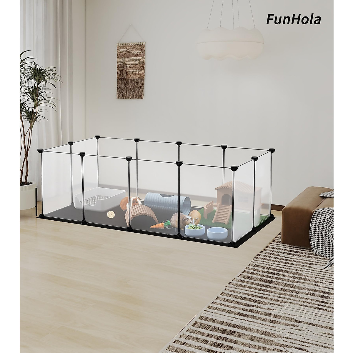 FunHola Small Animal Playpen, Guinea Pig Cages with Waterproof Mat, 12 Panels Pet Playpen for Hamsters, Hedgehog, Indoor Outdoor Plastic Fence, 48.5 x 24.8 x 16.1 inches