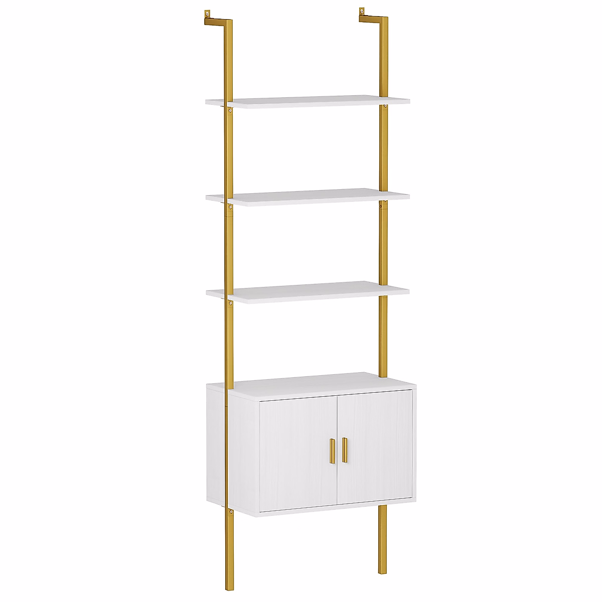 Yusong 73" Tall Bookshelf with Cabinet, Industrial Ladder Wall Mount Shelf Bookcase with Wood and Metal Frame, Plant Shelf Wall Storage Display for Living Room Bedroom, White Gold
