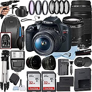 Canon EOS Rebel T7 DSLR Camera 24.1MP with EF-S 18-55mm + EF 75-300mm Lens + A-Cell Accessory Bundle Includes: 2 Pack SanDisk 32GB Memory Card + Backpack + Slave Flash + Much More (Renewed)
