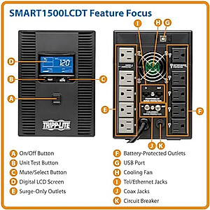Tripp Lite SMART1500LCDT 1500VA 900W UPS Battery Back Up, AVR, LCD Display, Line-Interactive, 10 Outlets, 120V, USB, Tel & Coax Protection, 3 Year Warranty & Dollar 250,000 Insurance Black