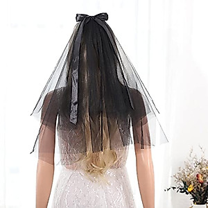 Aularso Black Lace Wedding Veils Bow-Knot Simple Veils for Bridal Short 2 Tier Waist Length Tulle Veil with Comb Halloween Costume Veils for Women and Girls (BlackC-S)