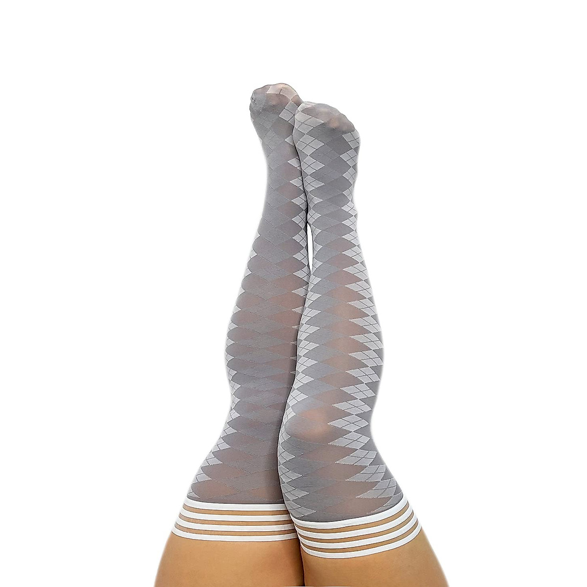 Kix'ies Thigh Highs | Thigh High Womens Stockings with No Slip Grip Stay Ups Thigh Bands | Womens Thigh High Stockings | Sexy Thigh High Stockings & Lingerie for Women (Grey Arglye | 1346C)