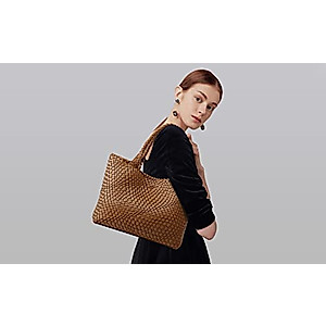 Woven Bag for Women, Fashion Top Handle Shoulder Bag Vegan Leather Shopper Bag Large Travel Tote Bag (Brown)