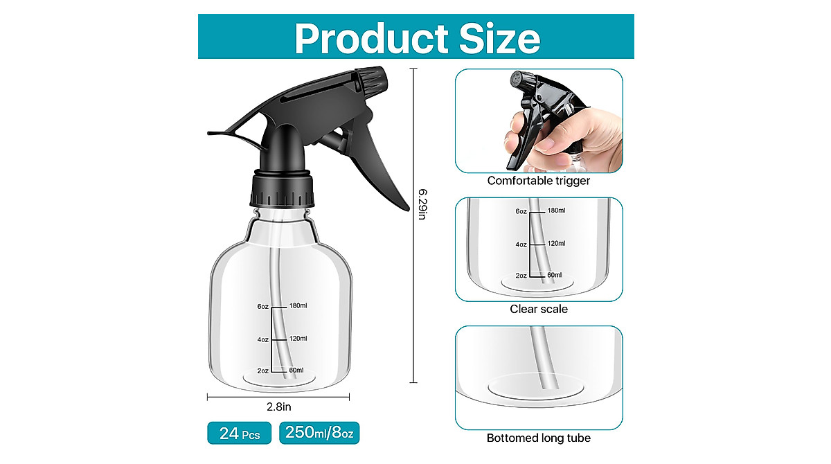 Worldity 24-Pack 8oz Spray Bottles: Cleaning, Hair & Home