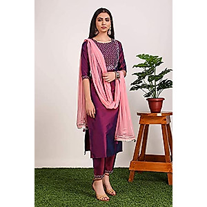 DREAMANGEL FASHION Womens Art Silk Embroidered Kurta Trouser and Dupatta (X-Large, DarkPurple)