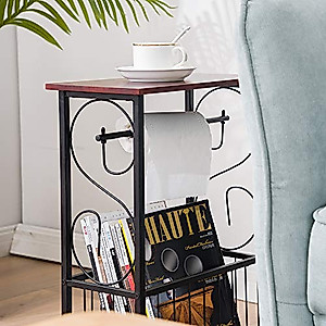 WEI WEI GLOBAL Toilet Paper Holder and Magazine Rack Side Table, Bathroom Storage Table Stand Shelf with Wooden Top and Metal Frame, Brown