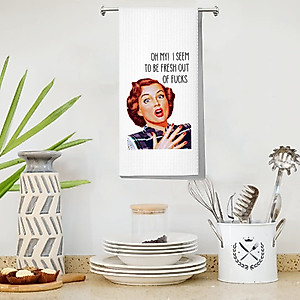 LEVLO Funny Retro Sassy Kitchen Towel Retro Housewife Gift Oh My I Seem to Be Fresh Out of Fucks Tea Towels Waffle Weave Kitchen Decor Dish Towels (Oh My I Seem)