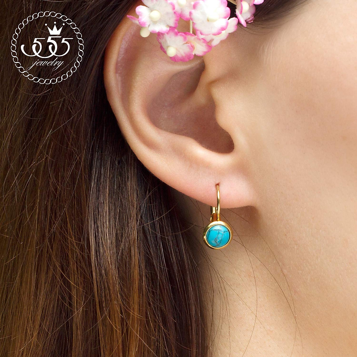 555Jewelry Womens Stainless Steel Stone Marble Round Circle Vintage Genuine Delicate Cut Classic Leverback Findings Finish Fashion Accessories Jewelry Earring, Yellow Gold & Turquoise