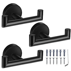 3 Pack Double Towel Hooks for Bathroom Matte Black Wall Mount Robe Hook Towel Holder for Kitchen Bathroom Hallway Toilet Pool for Hanging Towels, Robe, Coat, Clothes,Bags, Sponges