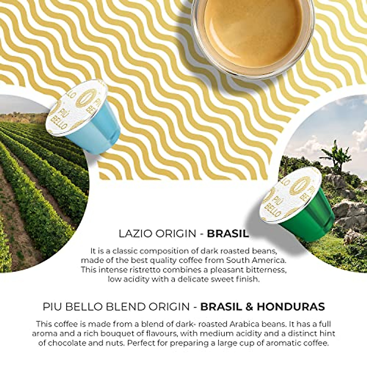 Piu Bello Coffee Pods Variety Pack - Nespresso Machine (Original) Compatible Capsules - Light Roast, Dark Roast, Chocolate, Nuts, Caramel - Rich & Balanced Taste, Kosher (6 Flavor Multipack 120 Count)