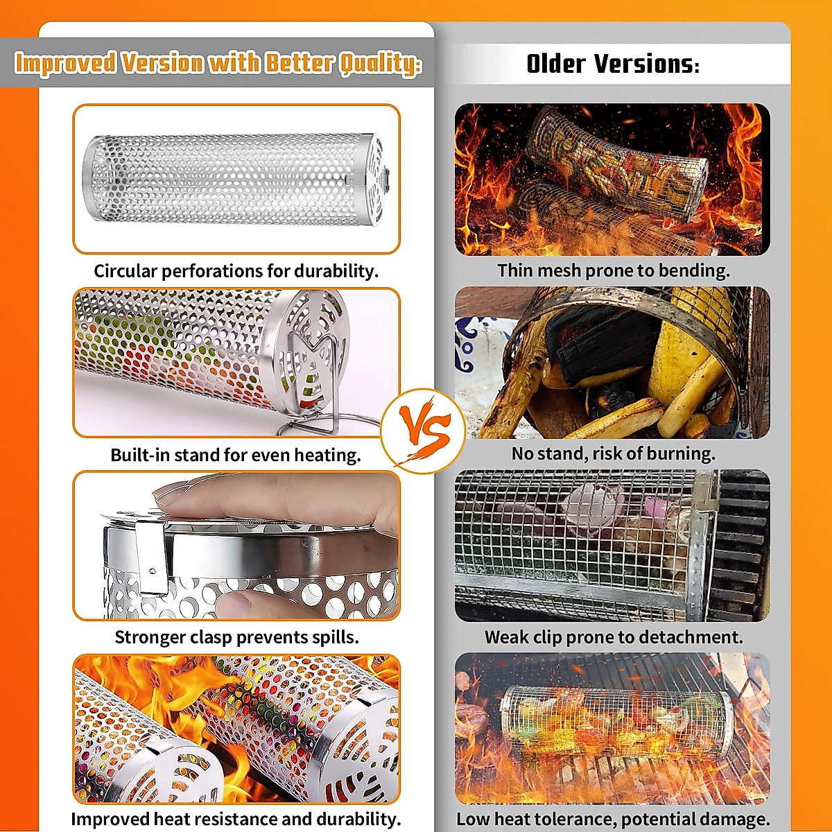 Grill Basket - Outdoor Rolling BBQ Basket - 2 Pcs Stainless Steel Grill Mesh, Rolling Grill Baskets for Outdoor Grill, Portable Grill Accessories for Outdoor Grill - Grilling Gifts for Men Dad Husband Him