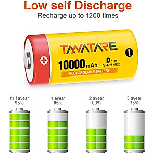 Tanatare 8 Count Rechargeable D Batteries 1.2V High Capacity 10000mAh NiMH D Size Rechargeable Batteries Low Self Discharge for Flashlights,Radios,Clocks,Toys