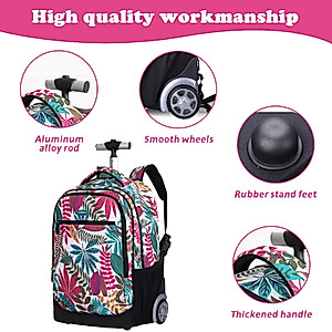 2022 Rolling Backpack for Kids Adults, 18" Waterproof Backpack with Wheels for Girls Boys, Roller Bookbags for School Travel, Age 7+, White Flower