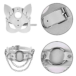 Women's Body Harness Leather Mask and Metal Chain Necklace for Masquerade Party Punk Carnival Gothic Halloween Accessories (White)