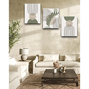 iHery Sage Boho Wall Art, 12x16in Framed Canvas Wall Art Pictures, Mid-Century Modern Wood Framed Abstract Prints for Bedroom,Minimalist wall Decor Bathroom 3Pack