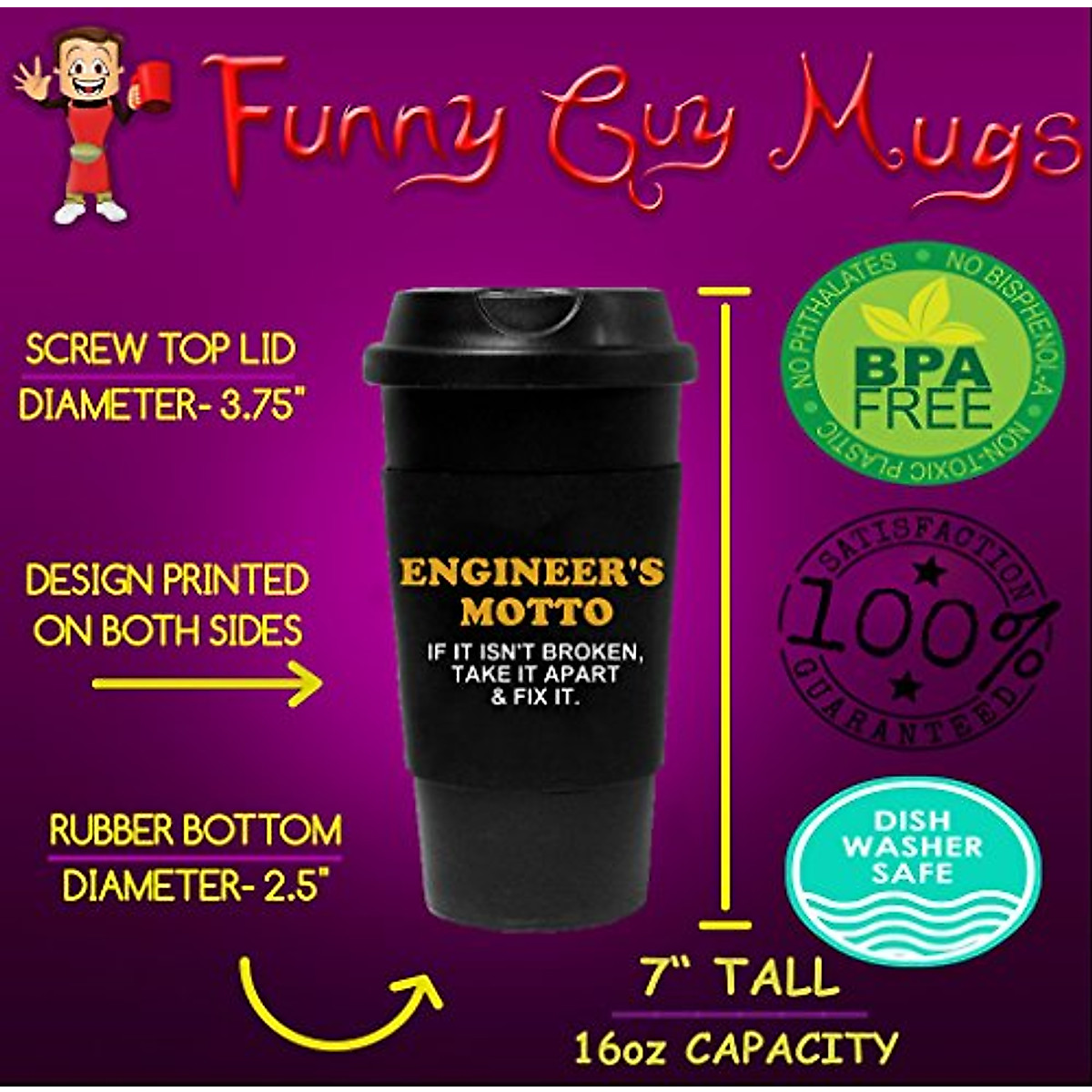 Funny Guy Mugs Engineer's Motto If It Isn’t Broken Take It Apart & Fix It Travel Tumbler With Removable Insulated Silicone Sleeve, Black, 16-Ounce