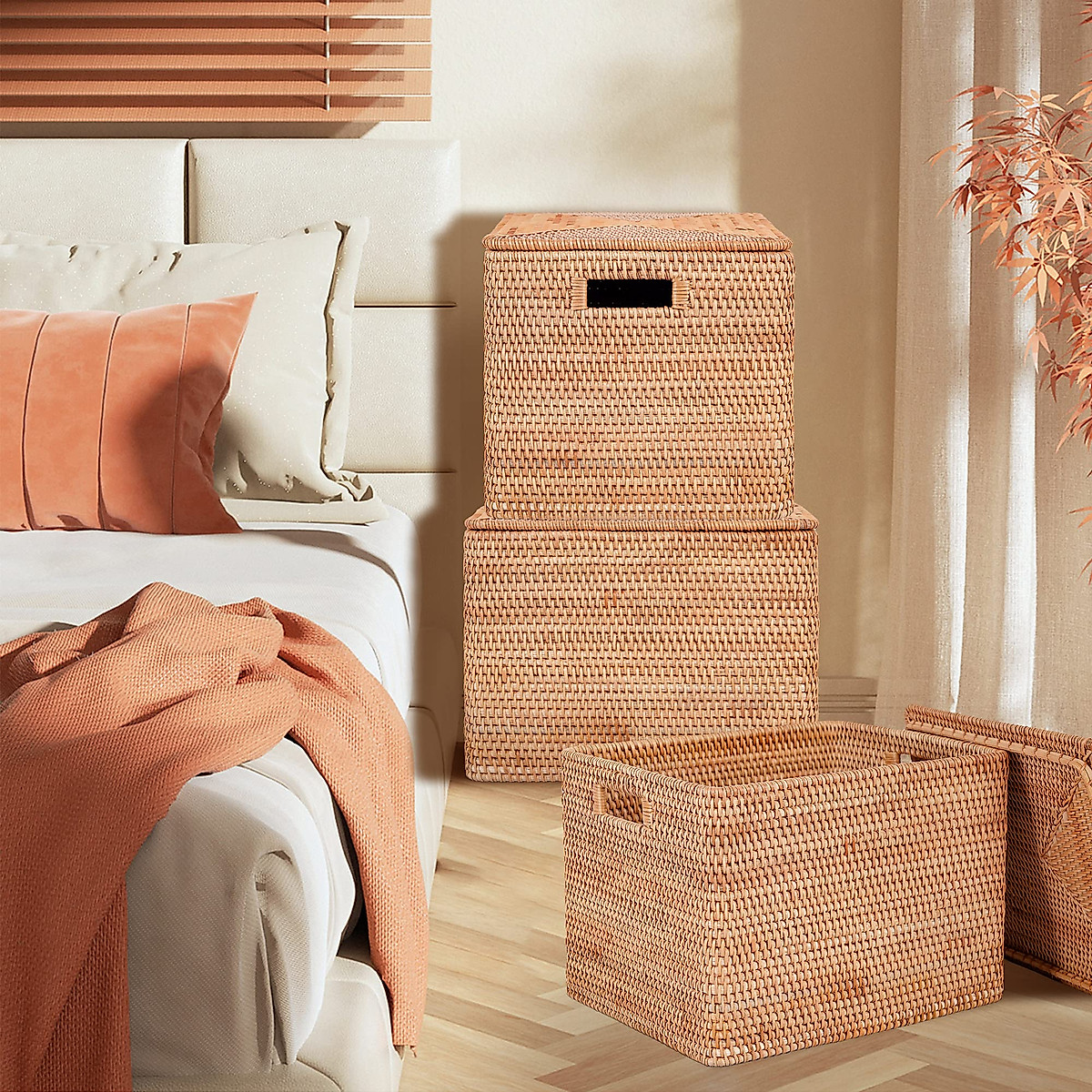 FIYAMMY Rattan Basket With Lid, Large Lidded Basket For Storage Rattan Box(15.7" L×13"W×11.8"H)
