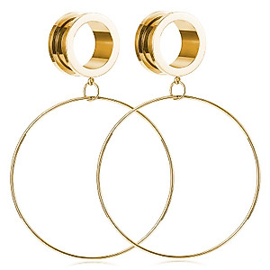 PEAKLINK Gold 2G Surgical Steel Ear Plugs Large Hoop Pendant Ear Tunnels Dangle Gauges Stretcher Piercing