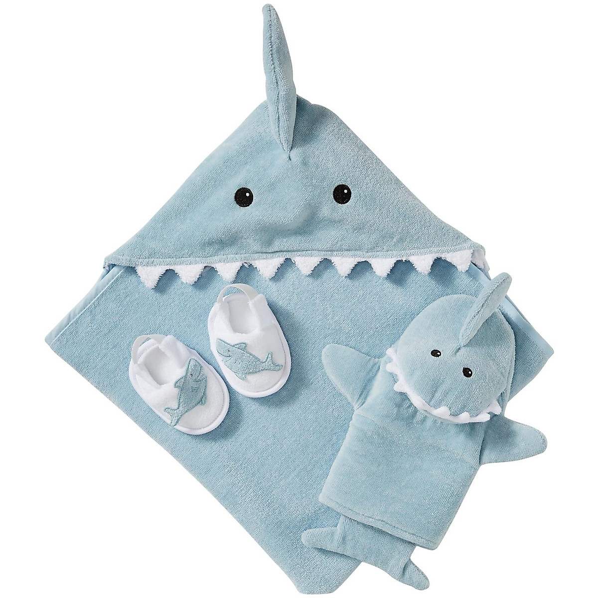 Baby Aspen Let The Fin Begin 4 Pc Bath Time Gift Set, Baby Shark Hooded Towel, Newborn, 0-9 Months, Blue