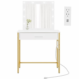 Irontar Makeup Vanity Table with Charging Station and USB Ports & Power Outlets, Bedroom Vanity Desk with Lights and Mirror for Women, Makeup Table with Drawer, White