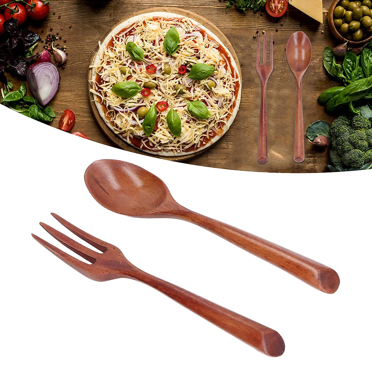Wooden Fork Spoon Set Large Lacquered Wood Spoon Fork Tableware Dinnerware 2Pcs Triangular Handle Cooking Tableware