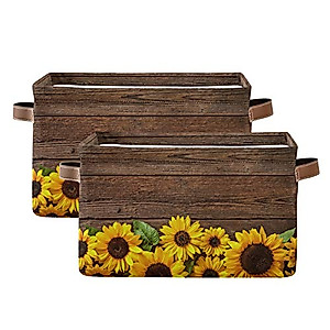 HMZXZ Summer Floral Sunflower Wood Canvas Fabric Storage Basket Collapsible Toys Storage Bin with PU Leather Handles Basket Box Organizer for Wardrobe Closet Shelves Organiser